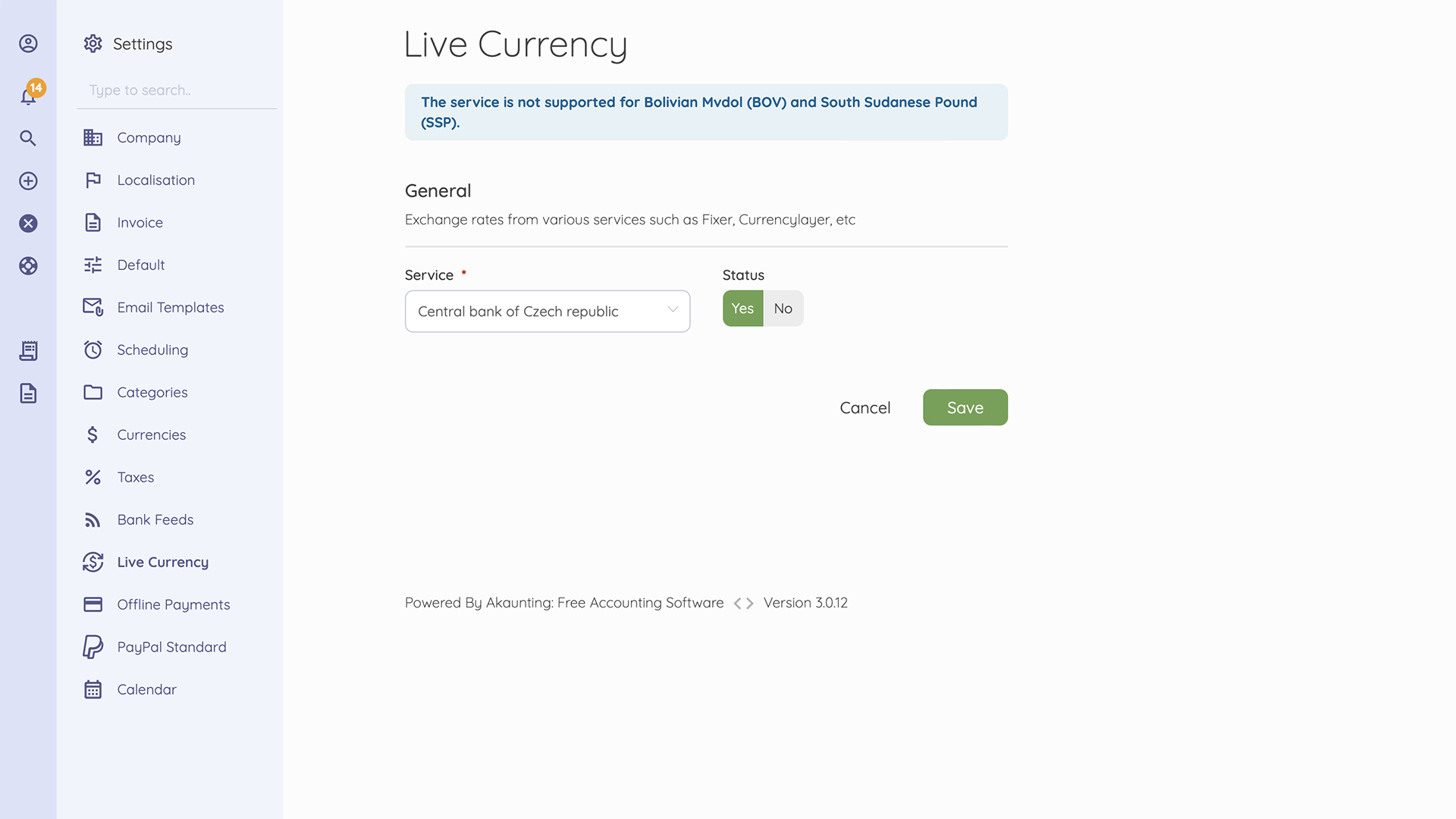 Live Currency - Help Center - Akaunting
